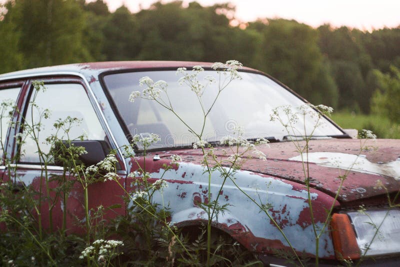 Vintage Soviet Rustic Car on Field Stock Photo - Image of headlight ...