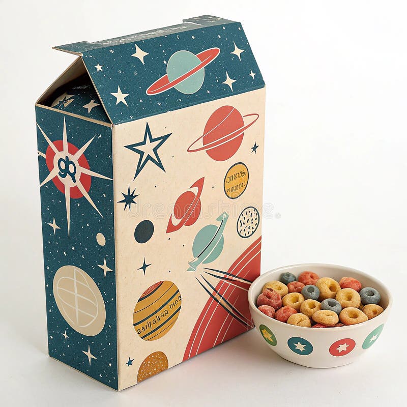 Vintage Space Age Themed Cereal Box with Atomic Patterns Stock ...