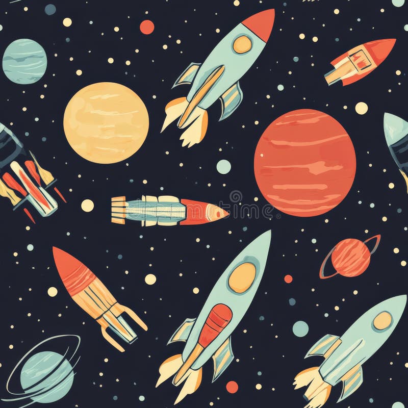 A Vintage Space Pattern Featuring Classic Sci-fi Rocket Ships and ...