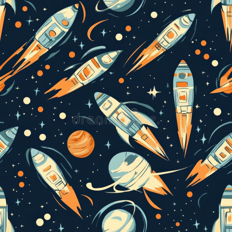 A Vintage Space Pattern Featuring Classic Sci-fi Rocket Ships and ...