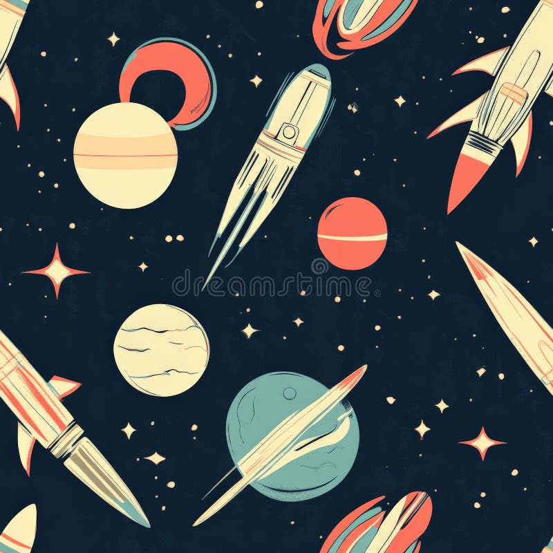Vintage Space Pattern Featuring Classic Sci Fi Rocket Ships Glowing ...