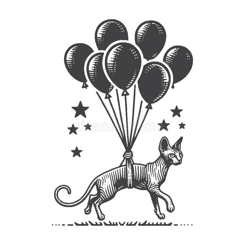 Vintage Sphynx Cat Floating with Balloons Illustration. Stock Vector ...