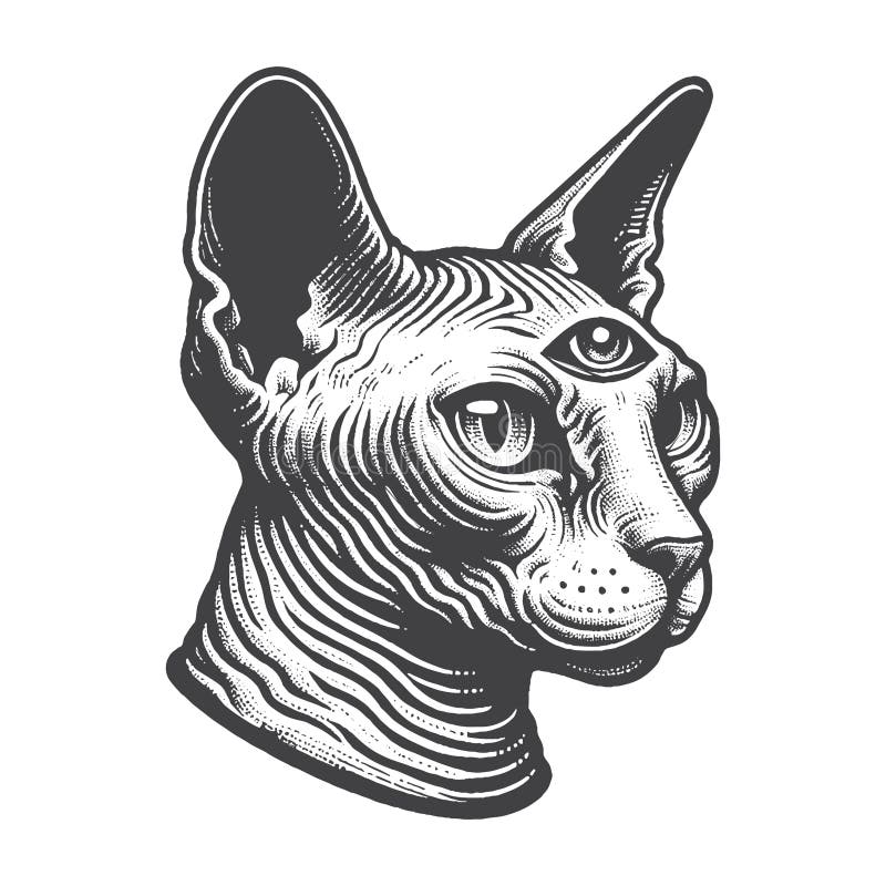 Vintage Sphynx Cat Head with Third Eye Vector Illustration. Stock ...