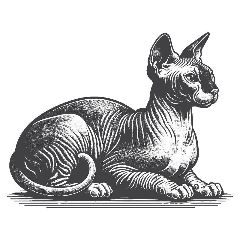 Vintage Sphynx Cat Lying Down Vector Illustration. Stock Vector ...