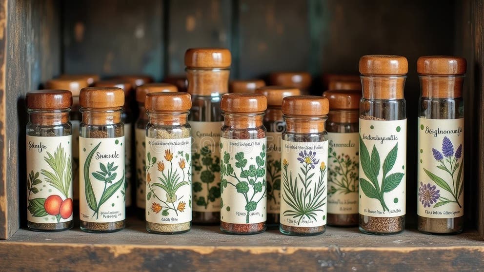 Vintage Spice Jars with Wooden Lids Displaying Various Herb Labels in ...