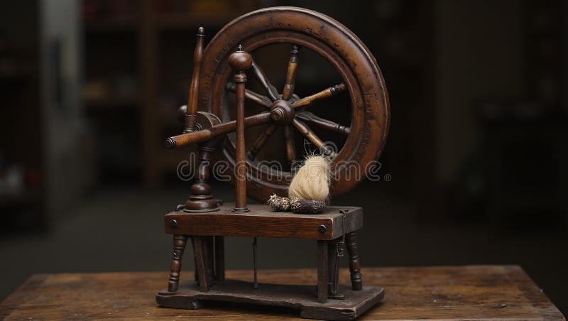 Vintage Spinning Wheel with Intricate Carvings and Wool Thread on ...