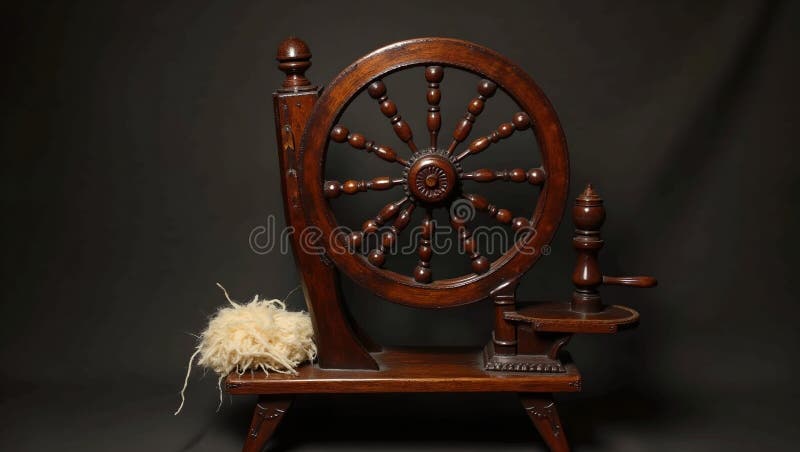 Vintage Spinning Wheel with Intricate Carvings and Wool Thread on ...