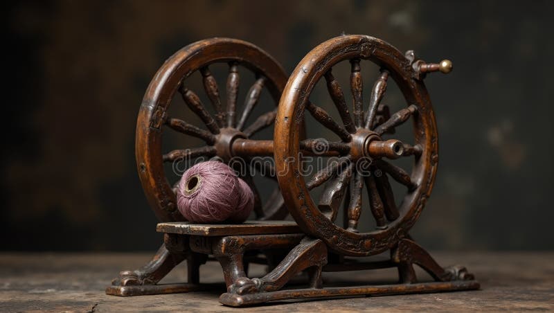 Vintage Spinning Wheel with Intricate Carvings and Wool Thread on ...