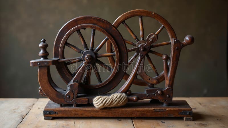 Vintage Spinning Wheel with Intricate Carvings and Wool Thread on ...