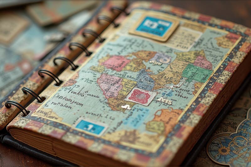 Vintage Spiral-bound Map Journal with Antique World Map and Stamps ...