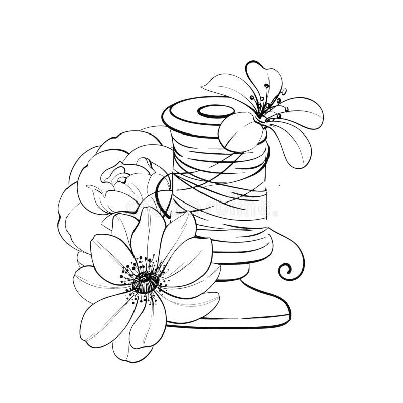 Vintage Spool of Thread with Flower on White Background. Concept of ...