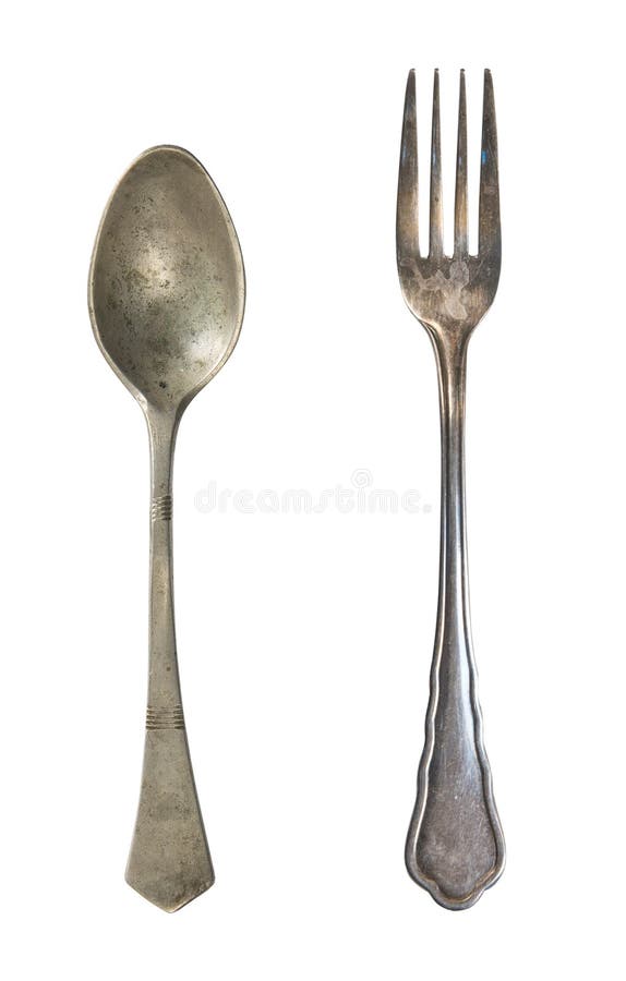Vintage Spoon and Fork Isolated on a White Background. Retro Silverware ... Vintage Spoon and Fork Isolated on a White Background. Retro Silverware ...