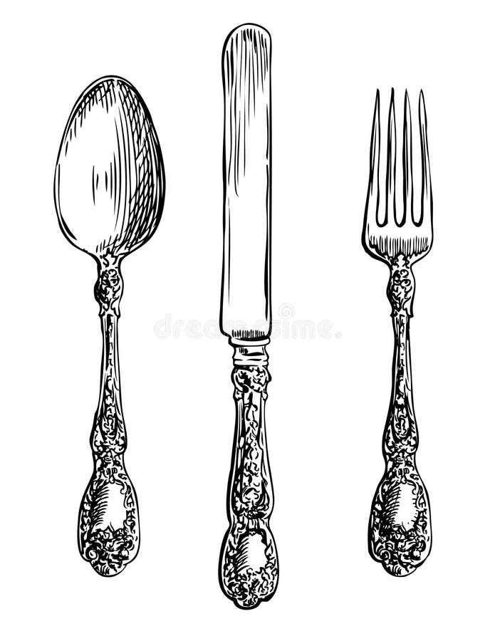 Vintage Spoon And Fork Hand Drawingspoon And Fork Sketch Art Is Stock Illustration