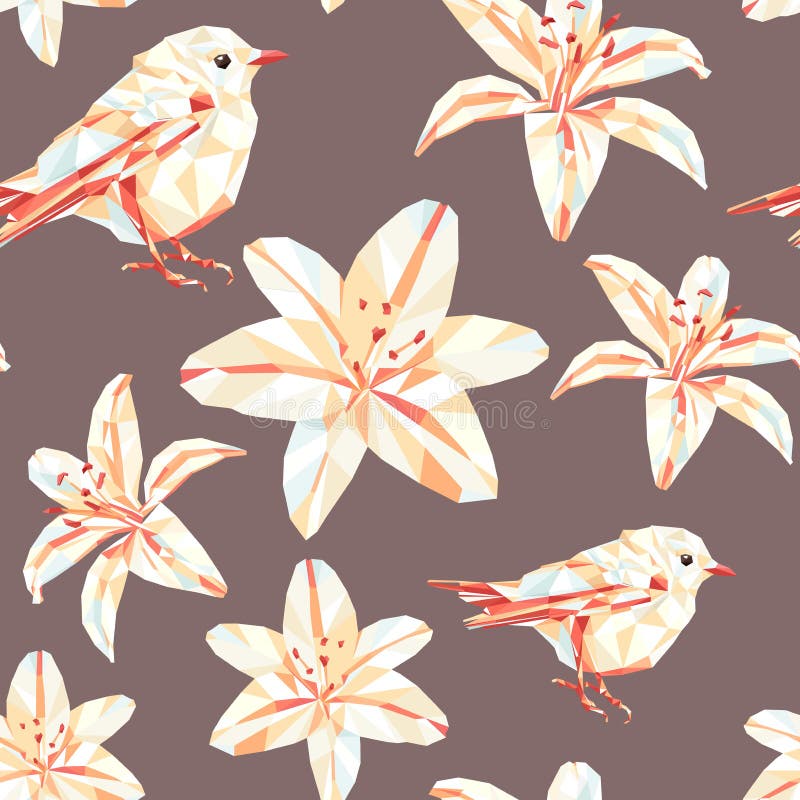 Vintage Spring Colorful Polygon Flower Bird Pattern Stock Illustrations ...
