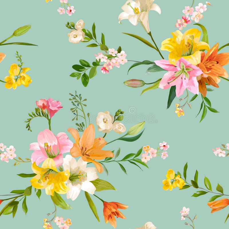 Vintage Spring Flowers Background - Seamless Floral Lily Pattern Stock ...