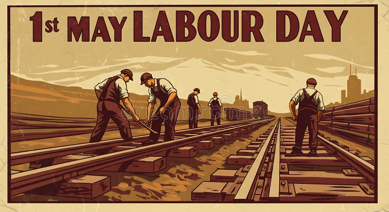 Vintage 1st May Labour Day Illustration Featuring Railway Construction ...