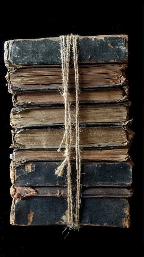 Vintage Stack of Worn Books Bound with Rope on Black Background Stock ...