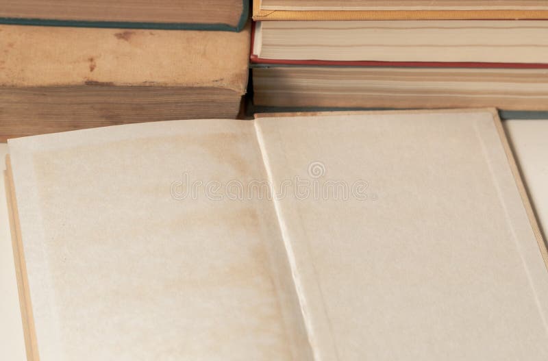 Open Old Book Blank in Front of Book Stack Stock Image - Image of ...