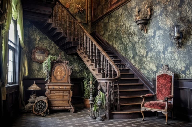 Vintage Staircase with Ornate Wallpaper Backdrop Stock Illustration ...