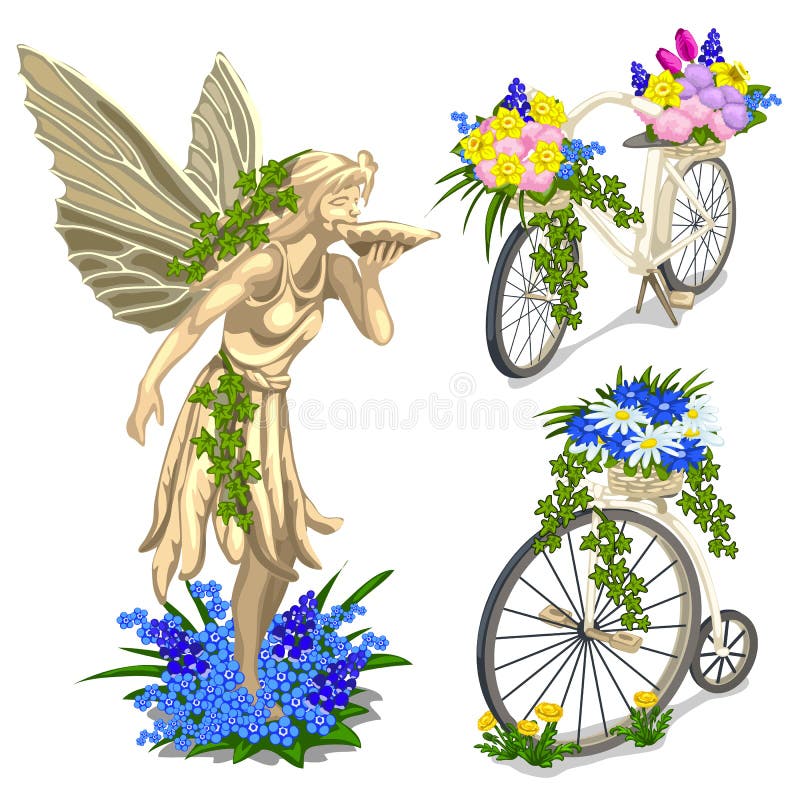 Vintage Statue Fairies and Bikes with Flowers Stock Vector ...