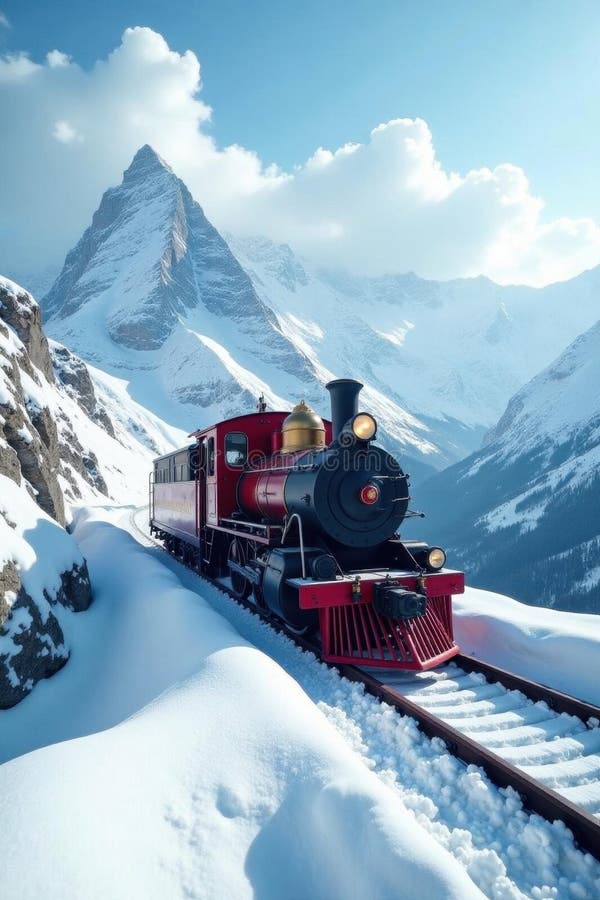 Vintage Steam Engine Ascends Snowy Mountain Pass , Grey, Tracks Stock ...