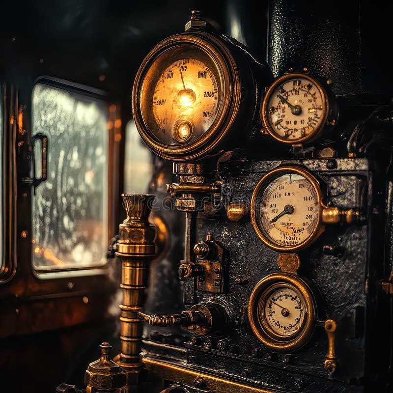 Vintage Steam Engine Control Panel with Pressure Gauges and Dials Stock ...