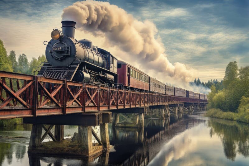 Vintage Steam Engine Train Passing Over a Bridge Stock Illustration ...