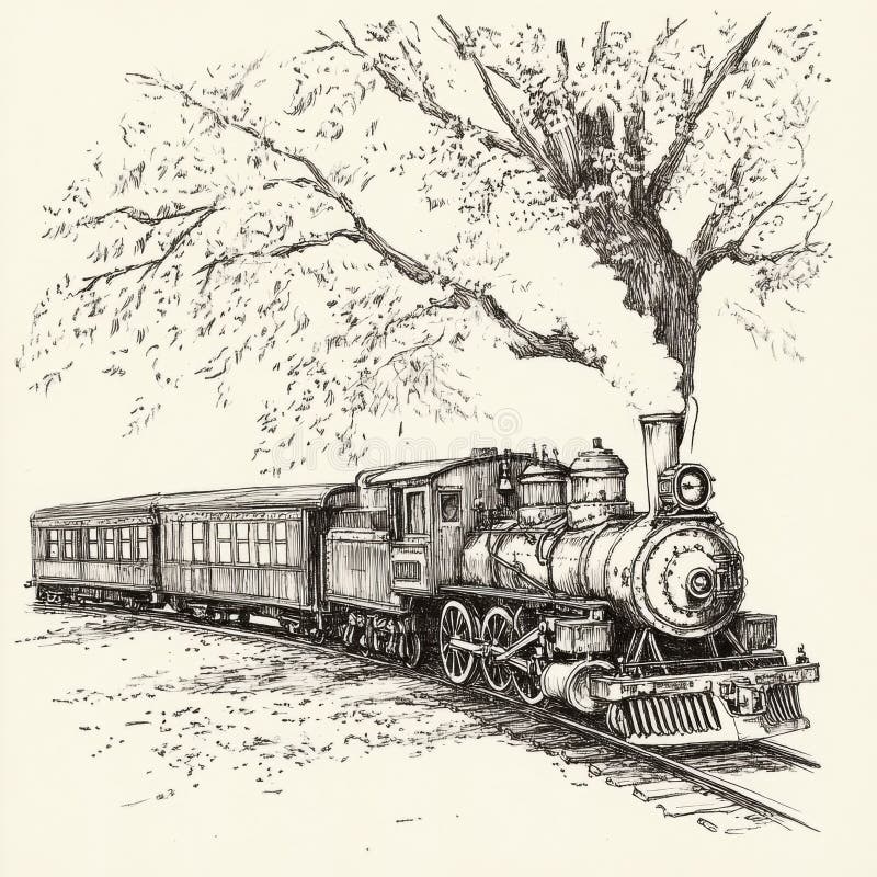 Vintage Steam Locomotive Parked beside a Large Tree Stock Illustration ...