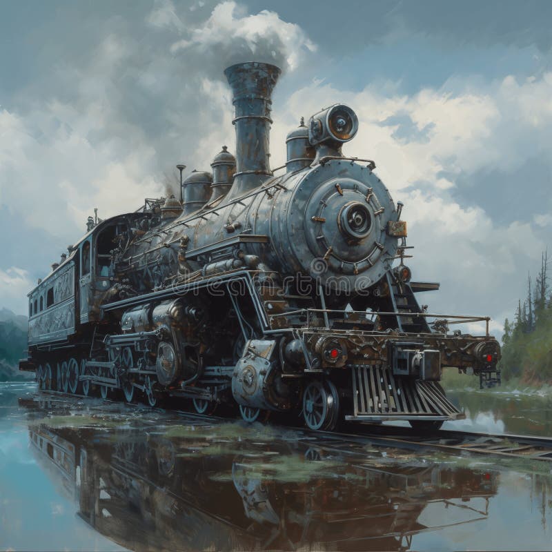 Vintage Steam Locomotive, with Reflection in Water Stock Illustration ...