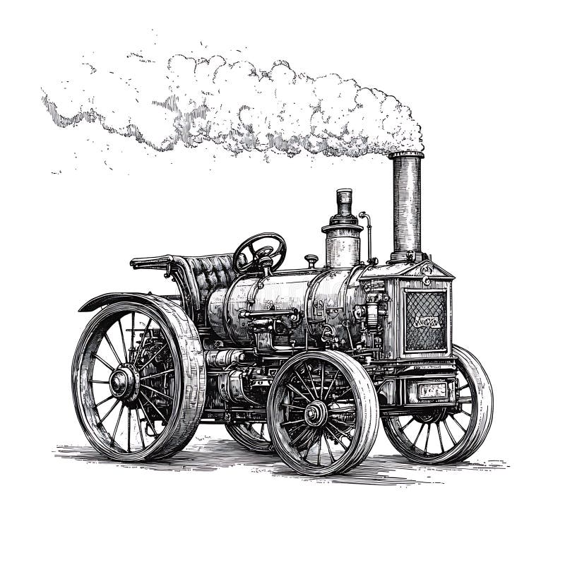 Vintage Steam Tractor Illustration Ink Sketch Stock Illustration ...