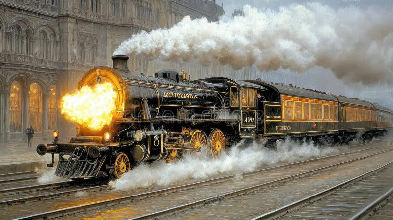 Vintage Steam Train at City Station Stock Illustration - Illustration ...