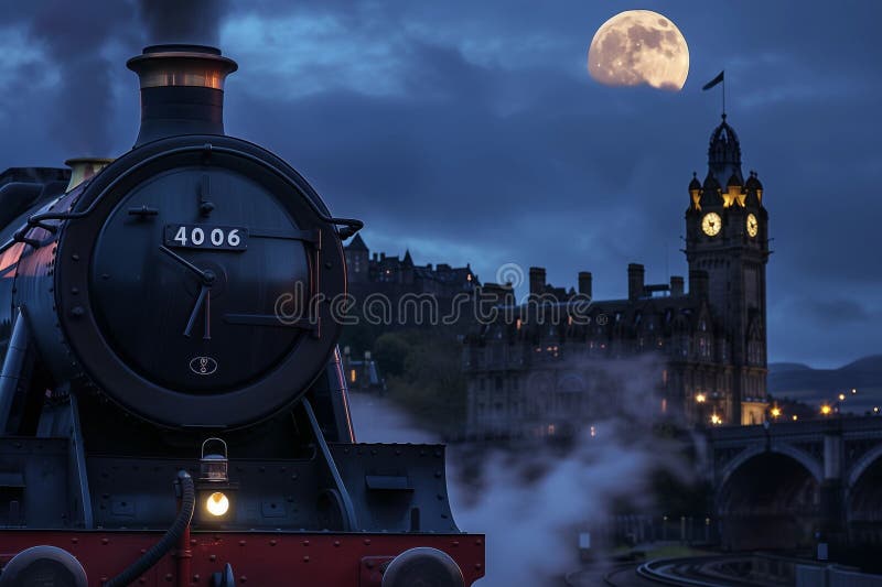Vintage Steam Train with Clock Tower and Full Moon at Night. Stock ...