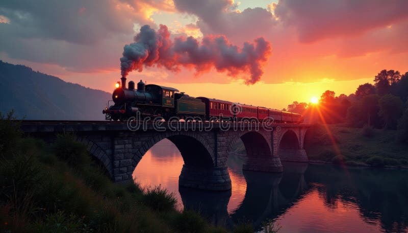 Vintage Steam Train Crosses Bridge, Dramatic Sunset , Crossing, Dusk ...