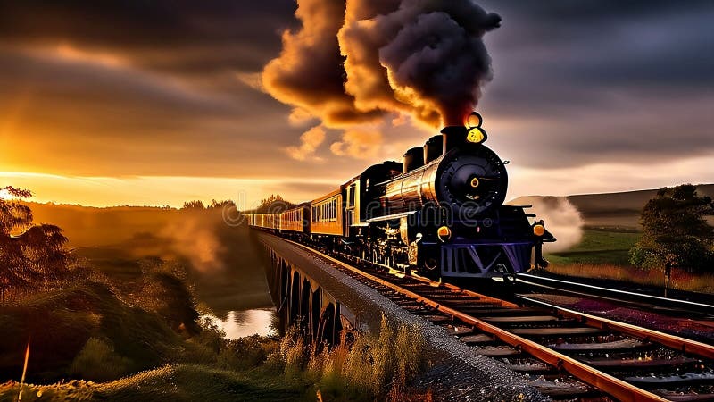 Vintage Steam Train Crossing a Bridge at Sunset Stock Illustration ...