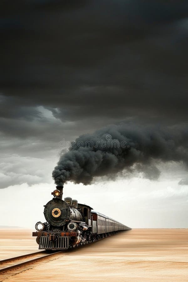 Vintage Steam Train Crossing Desert with Dramatic Clouds Stock Image ...