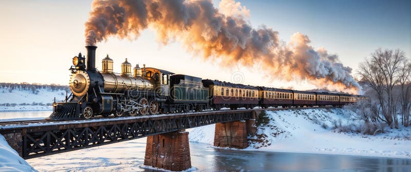 Vintage Steam Train Crossing a Snowy Bridge at Sunset Stock ...