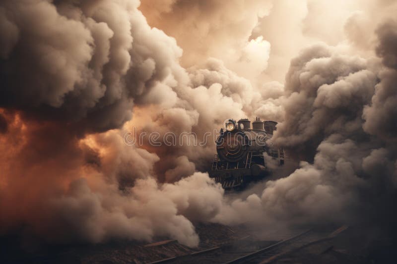 Vintage Steam Train Emerging through Dramatic Clouds Stock Illustration ...