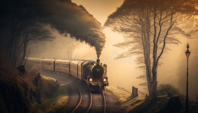 Vintage Steam Train in the Misty Forest at Sunset. Retro Style Stock ...