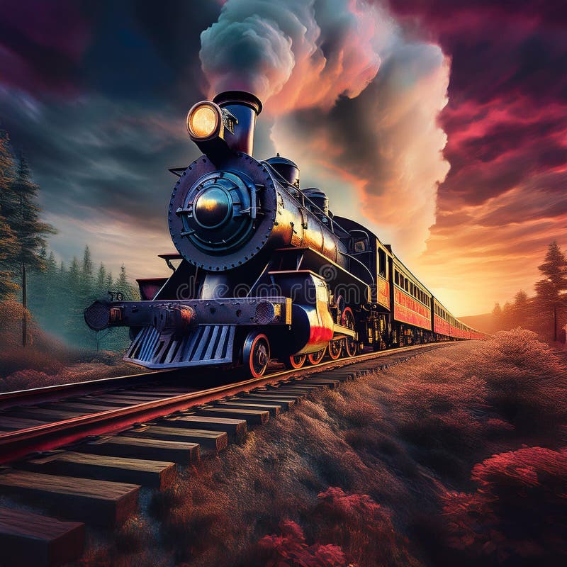 GENERAD IA Old Steam Train Moving on Railway at Sunset with Dramatic ...