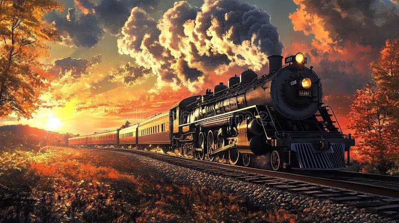 Vintage Steam Train at Sunset Stock Illustration - Illustration of ...