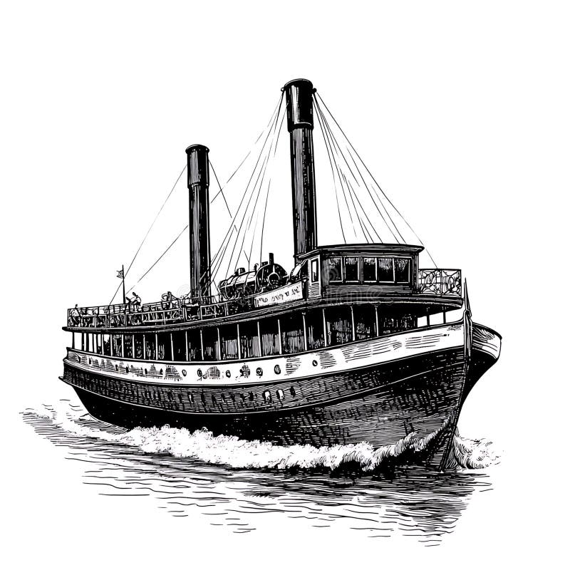 Vintage Steamboat Illustration, Side Profile, Monochrome Stock ...