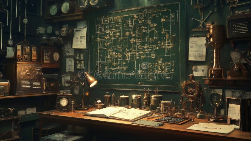 Vintage Steampunk Laboratory with Blueprint and Machinery Stock Photo ...