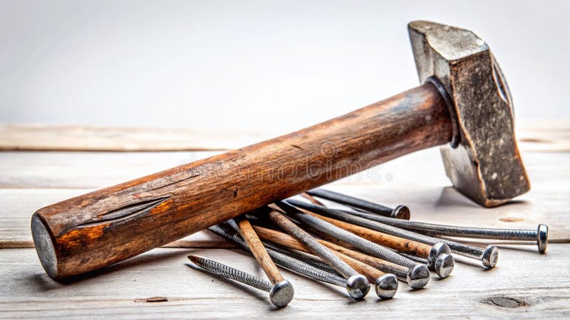 Vintage Steel Hammer and Scattered Nails a Panoramic Perspective on ...