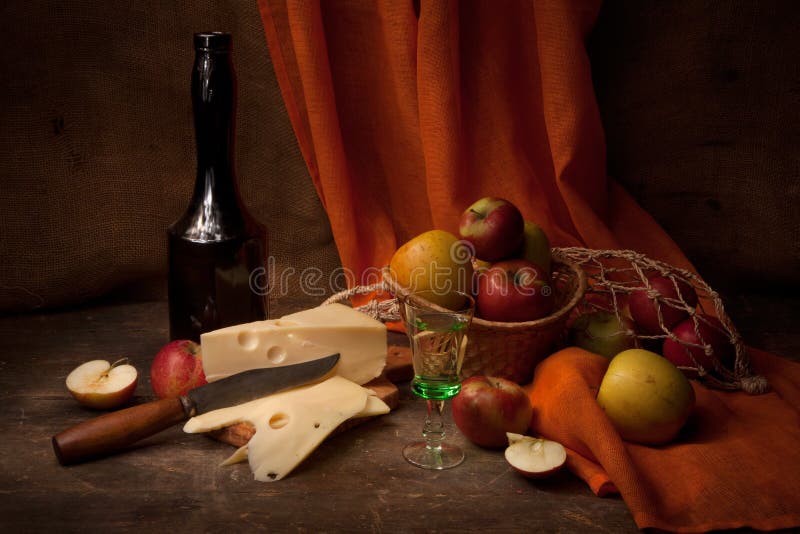Vintage Still Life with Alcohol and Apples Stock Photo - Image of wood ...