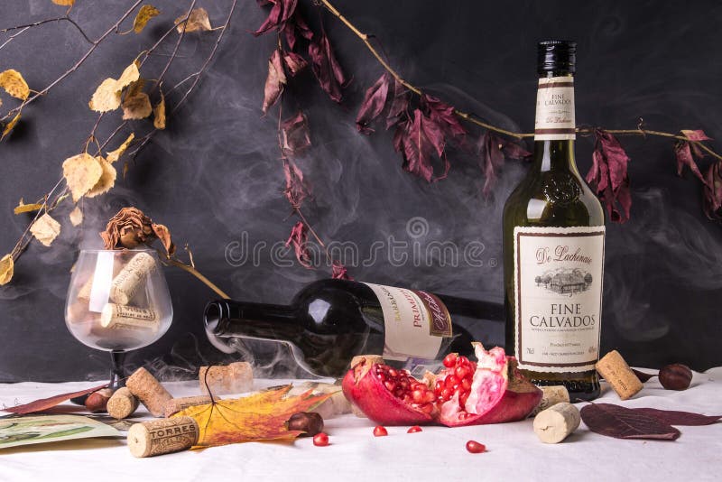 Vintage Still Life with Alcohol and Pomegranate Editorial Stock Image ...