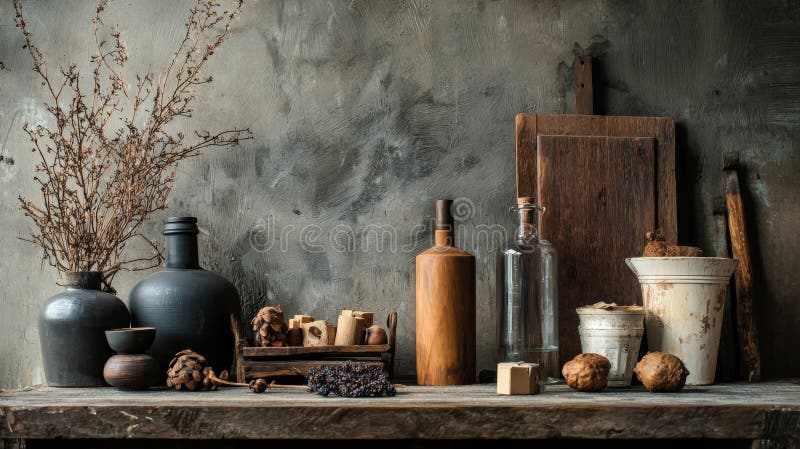 Vintage Still Life with Bottles and Rustic Objects on Wooden Table ...