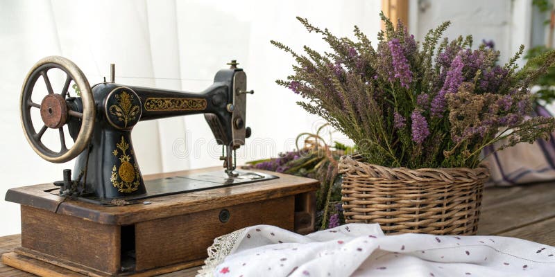 Still Life with Old Sewing Machine and Heather Stock Illustration ...