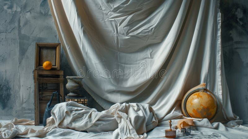 Vintage Still Life with Draped Fabric, Globe, and Rustic Elements Stock ...