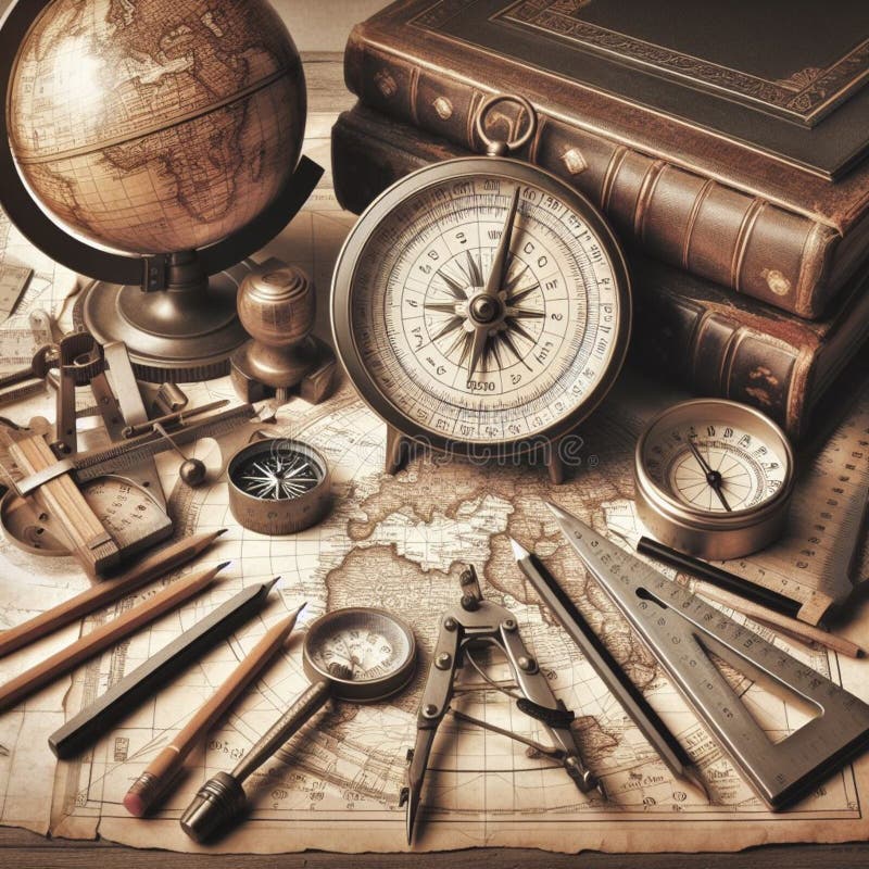 A Vintage Still Life Featuring a Compass, Globe, and Map on a Table ...