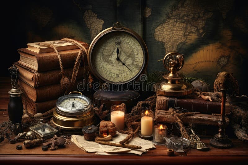 Vintage Still Life with Old Books, Compass, Clock and Candlestick ...